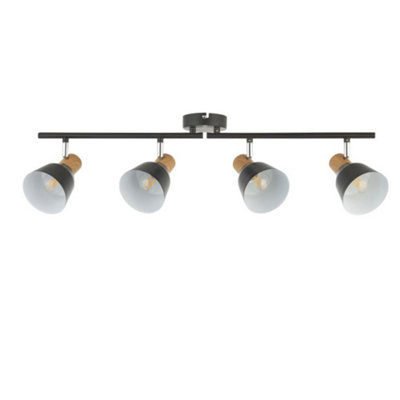 Larren - Matt Black & Wood Detail 4 Way Adjustable Ceiling Spotlight