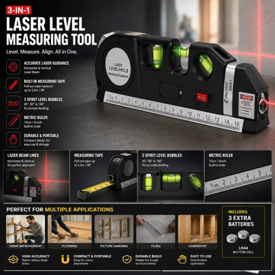 Laser Level Pro 3, 2.5m Measuring Tool with Built-in Spirit Levels and ...