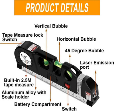 Laser Level Pro 3, 2.5m Measuring Tool with Built-in Spirit Levels and ...