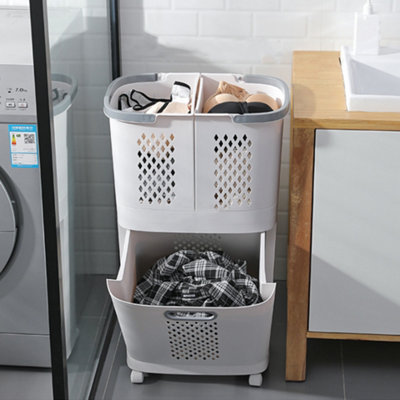 Laundry Basket 2 Tier 3 Section Laundry Hamper Sorter Divided Clothes ...