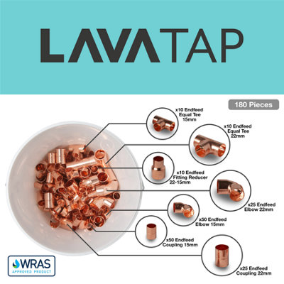 LavaTap 180 Piece End Feed Copper Pipe Fittings 15mm 22mm Plumbing ...