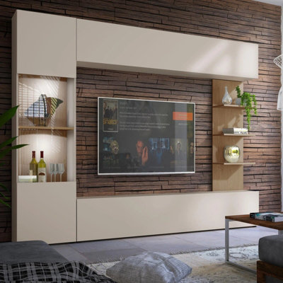 LAZANDO Wall Unit for Living Room with LED Lights and TV Space 160x116 ...