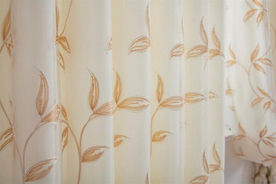 Leaf Embroidered Tulle Voile Curtains Pencil Pleat Gold 229cm x 229cm