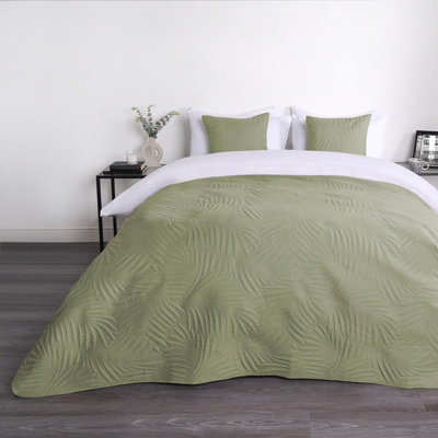 Leaf Pinsonic Throw Over Bed Blanket Quilted Bedspread, Sage - 200 x 240cm