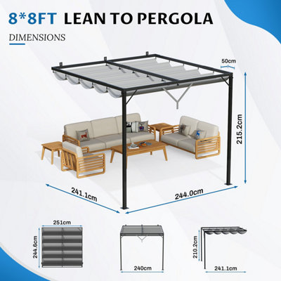 Lean to Pergola with Retractable Canopy,Wall-Mounted Garden Gazebo and ...