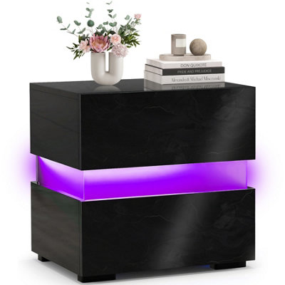 LED Bedside Table with 2 Drawers, 4-Side Black High Gloss Side Table ...