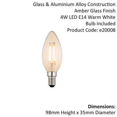 LED Filament Lamp Bulb 4W Candle Shaped E14 LED Amber Tinted Glass Warm ...