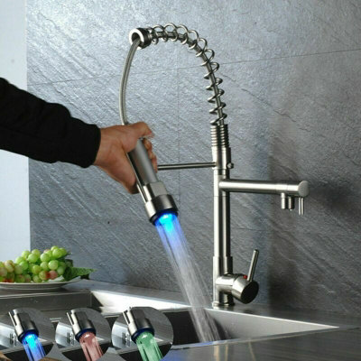 Led Kitchen Tap Black 360 degrees Swivelling With Spiral Spring Shower ...