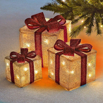 LED Light-Up Christmas Parcel Set with Bow, 35 White LEDs, Sparkling ...