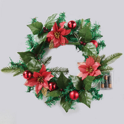 LED Poinsettia & Bauble Wreath with Timer - 40cm Diameter, Battery Operated
