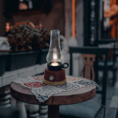 LED Rechargeable Table Lantern Red and Black Base with Clear Glass Shade Decorative Oil Lamp Style