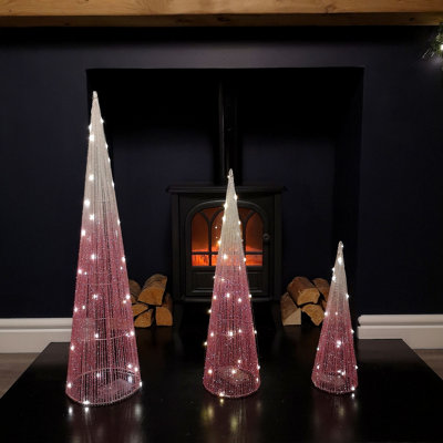 LED Tree Cone Obelisk Trio with 90 LEDs in Pink