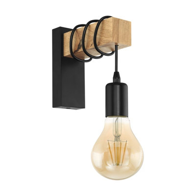 LED Wall Light / Sconce Black Plate & Wood Hangman Arm 1 x 10W E27 Bulb ...