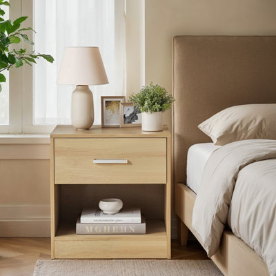 LEDREM Bedside Table, Side Table with Drawer, Handle, Open Compartment ...