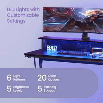 LEDREM Gaming Desk with LED Lights and Built-In Power Outlets, Computer ...