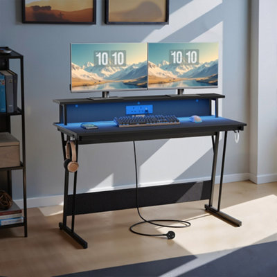 LEDREM Gaming Desk with LED Lights and Built-In Power Outlets, Computer ...