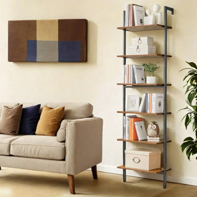 LEDREM Ladder Shelf, 6-Tier Industrial Bookshelf, Wall Shelf for Living ...