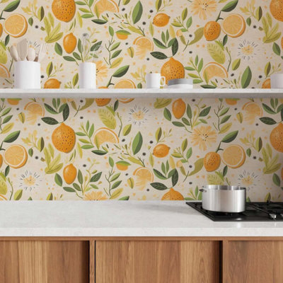 Lemon Tree Wallpaper Textured Paste The Wall Vinyl Floral Yellow Green ...