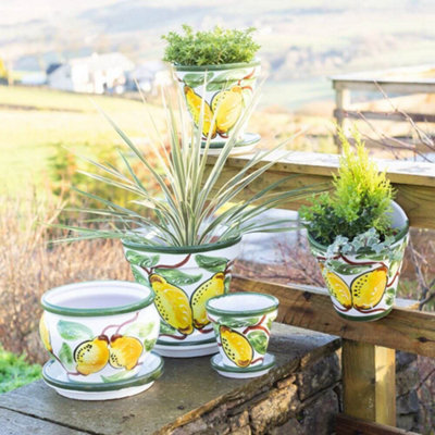 Lemons Hand Painted Set of 2 Outdoor Bola Plant Pots & Drainage Plates ...