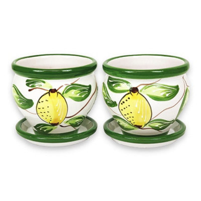 Lemons Hand Painted Set of 2 Outdoor Garden Bola Plant Pots 20 x 18cm ...