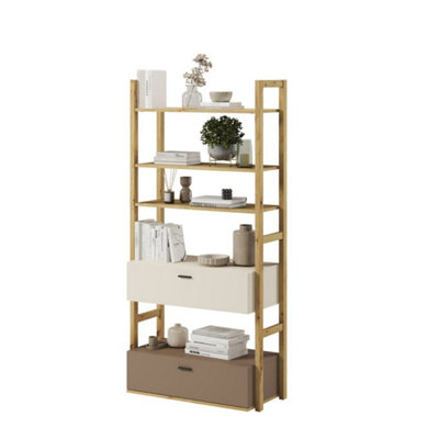 Lenny LY-02 Bookcase in Beige & Oak Artisan - 850mm x 1800mm x 400mm ...