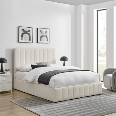Leo White Boucle Fabric Double 4FT 6 Ottoman Storage Bed Frame