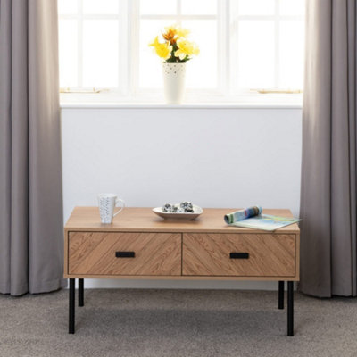 Leon 2 Drawer Coffee Table Medium Oak Effect Metal Legs