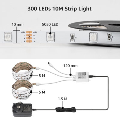 Lepro 10M (5Mx2) LED Strip Light Kit, Remote Control, Dimmable, RGB ...
