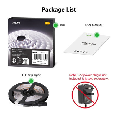 Lepro 12V LED Strip Light (No Power Plug), Cool White 6000K, 60 LEDs/M ...