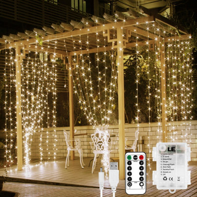 Lepro Curtain Lights Battery Powered, 3m x 3m 300 LEDs, 8 Modes, Warm White Curtain Lights USB ...