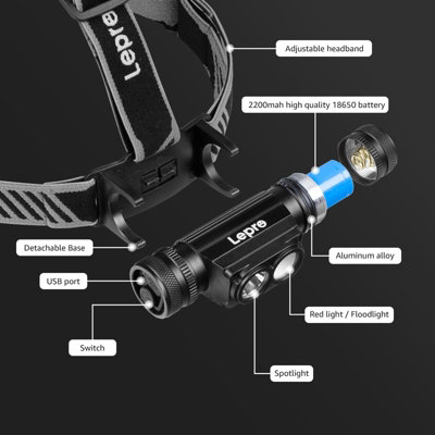 Lepro Head Torch Rechargeable, 2 in 1 Detachable Lightweight Headlamp ...