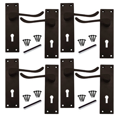 Lever Key Lock Door Handles Matt Black Victorian Scroll 4 Pairs