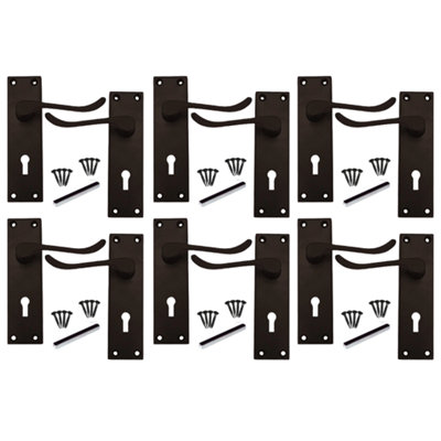 Lever Key Lock Door Handles Matt Black Victorian Scroll 6 Pairs