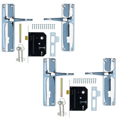 Lever Lock Set Lockable Door Handle Handles with 2 Keys + Chrome Finish 2pk
