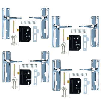 Lever Lock Set Lockable Door Handle Handles with 2 Keys + Chrome Finish 4pk
