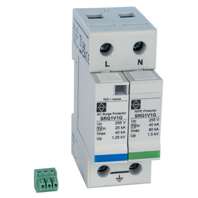 Lewden SRG1V1G 50kA 2 Module Single Pole and Earth Type 2 Surge Protector