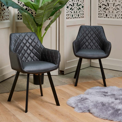 Lewis Faux Leather Dining Chair Grey Set of 2 with Diamond Stitched Back and Angled Metal Legs
