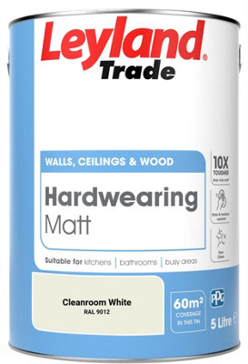 Leyland Trade Hardwearing Matt Emulsion Paint Cleanroom White (RAL 9012) 5L