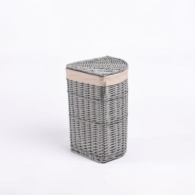 Lidded Grey Wicker Corner Linen Laundry Basket