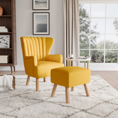 Lifeideas Yellow Contemporary Upholstered Wingback Chair and Footstool ...