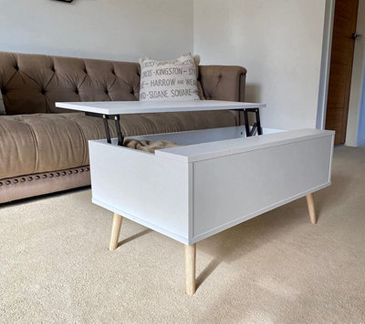 Lift Up Coffee Table - White with storage