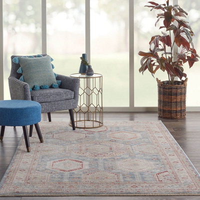 Light Blue Multicoloured Traditional Bordered Geometric Rug for Bedroom ...