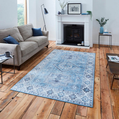 Light Blue Traditional Bordered Geometric Rug for Bedroom & Living Room ...