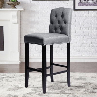 Light Grey Linen Trim Studed Bar Stools with Rubberwood Legs