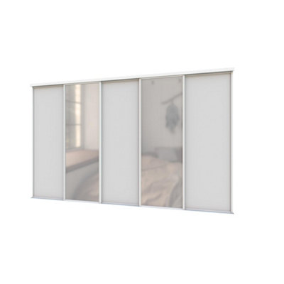 Light Grey & Mirror 5-Door Sliding Wardrobe Door Kit, White Frame ...