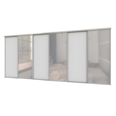 Light Grey & Mirror 6-Door Sliding Wardrobe Door Kit, Silver Frame ...