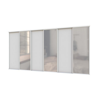 Light Grey & Mirror 6-Door Sliding Wardrobe Door Kit, White Frame ...