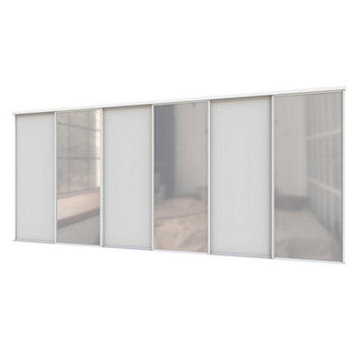 Light Grey & Mirror 6-Door Sliding Wardrobe Door Kit, White Frame ...