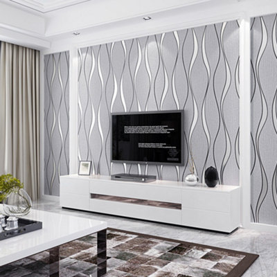 Light Grey No Woven Wallpaper 3D Wave Stripe Texture Geometric ...