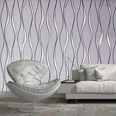 Light Grey Non Woven Patterned Wallpaper, Wavy Striped Wallpaper Roll ...